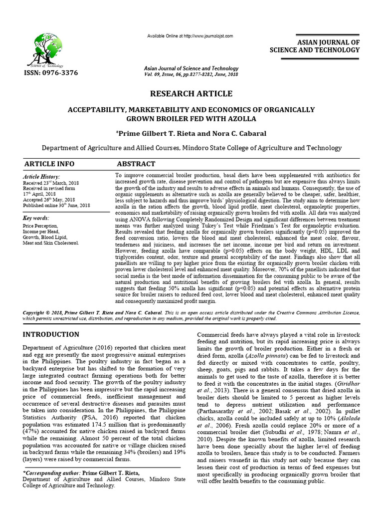 Acceptability Marketability and Economics of Organically Grown Broiler Fed With Azolla | PDF