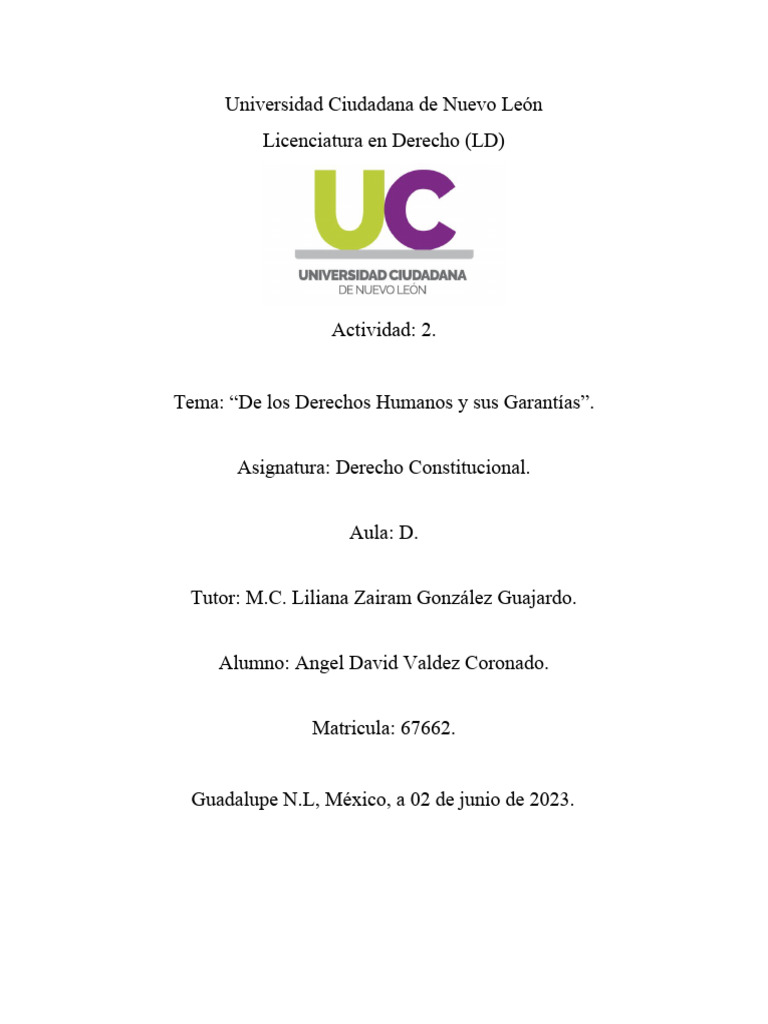Act 2 Derecho Constitucional De Los Derechos Humanos Y Sus