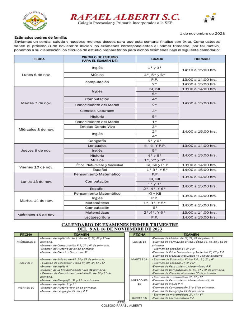 1er. Trimestre Círculo de Estudio y Calendario de Examenes | PDF | Science