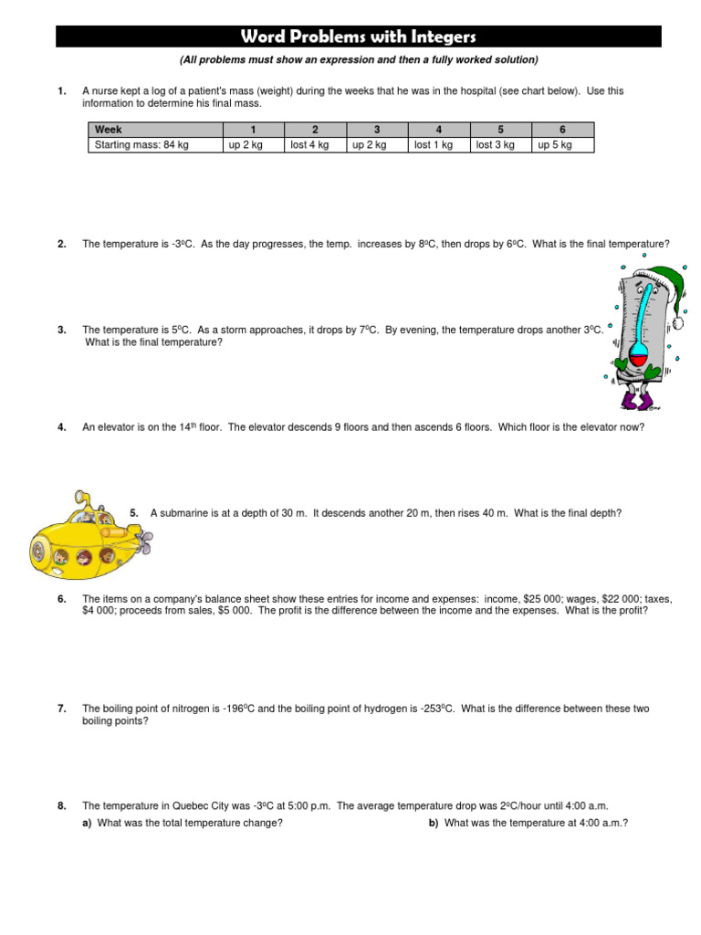 Word Problems With Integers: (All Problems Must Show An Expression and Then A Fully Worked ...