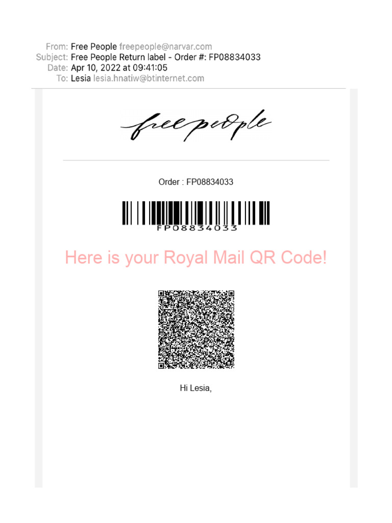 Free People Return Label - Order # FP08834033 | PDF