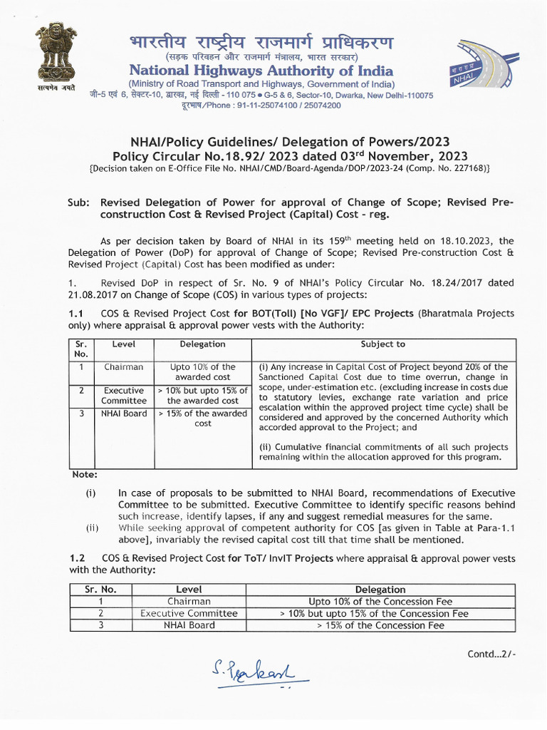 Policy Circular No - 18-92 COS & Revised Project Cost | PDF