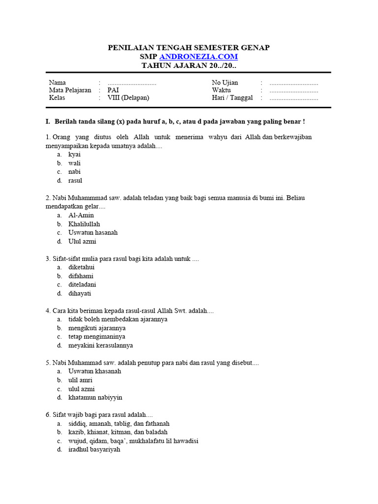 Soal PTS PAI Kelas 8 Semester 2 | PDF | Agama & Spiritualitas