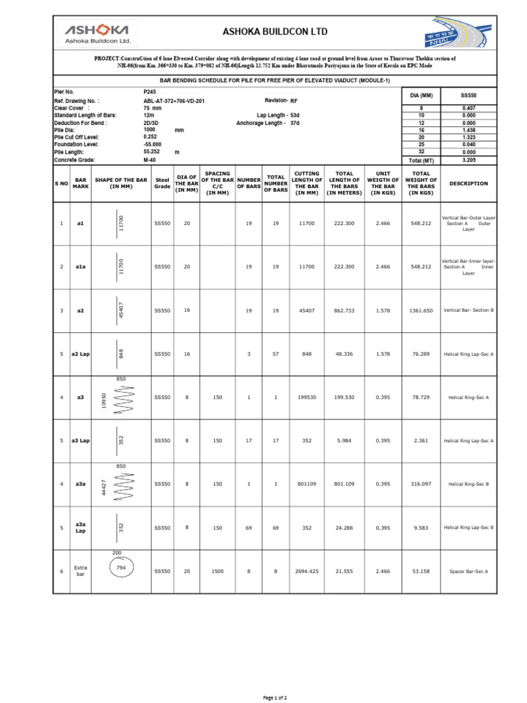 Pile BBS of Aroor - Thuravoor Elevated Project | PDF