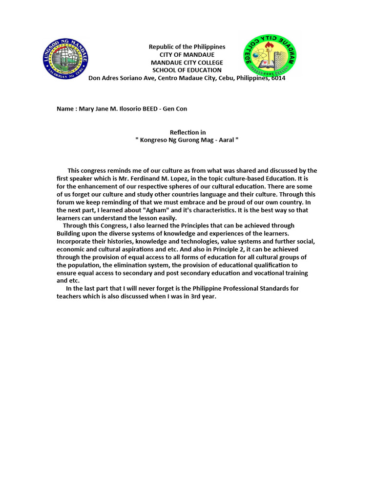 Reflection on Cultural Education Congress | PDF | Career & Growth ...
