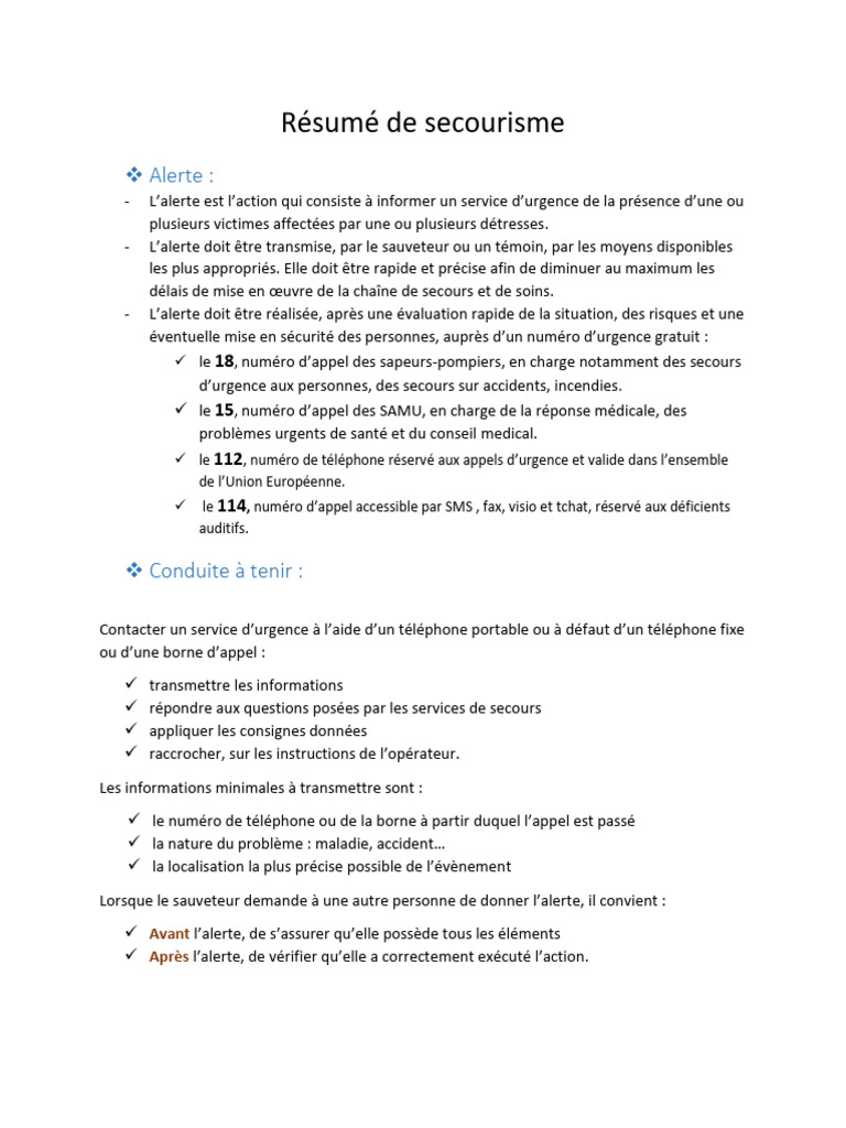 Résumé des gestes de secourisme | PDF | Réanimation cardio-pulmonaire ...