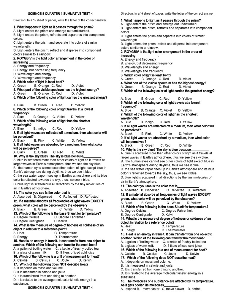 Summative Test Light and Heat | PDF | Temperature | Color