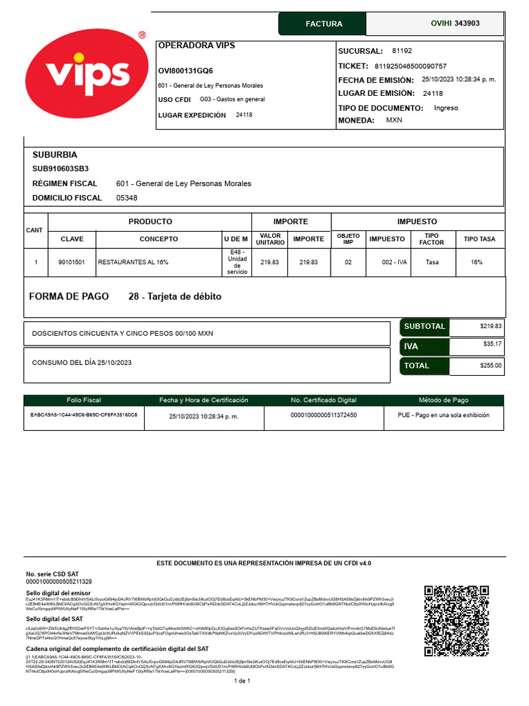 Factura CFDI de Operadora VIPS 2023 | PDF
