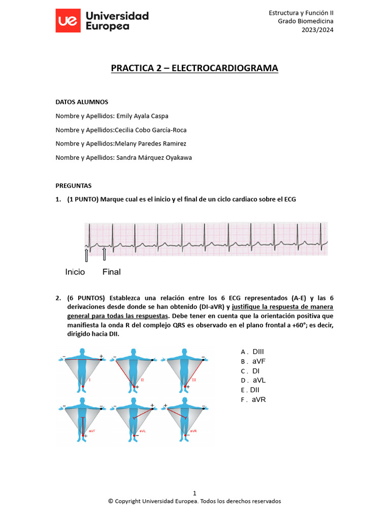 Practica 2 Electrocardiograma Estructura II Biomedicina - Hoja Resultados | PDF
