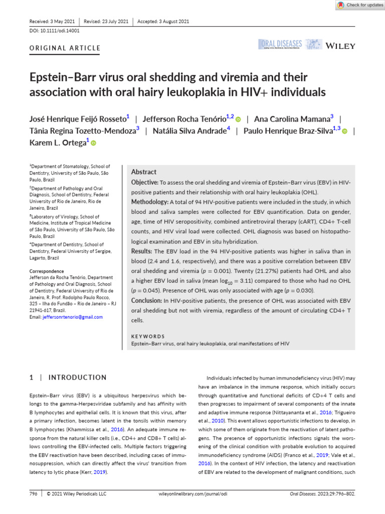 2021 Oral Diseases Epstein Barr Virus Oral Shedding and Viremia and ...