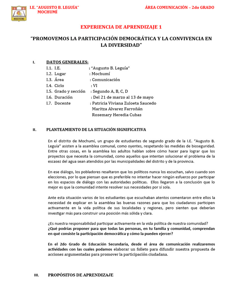 Planificador Experiencia de Aprendizaje 1 | PDF