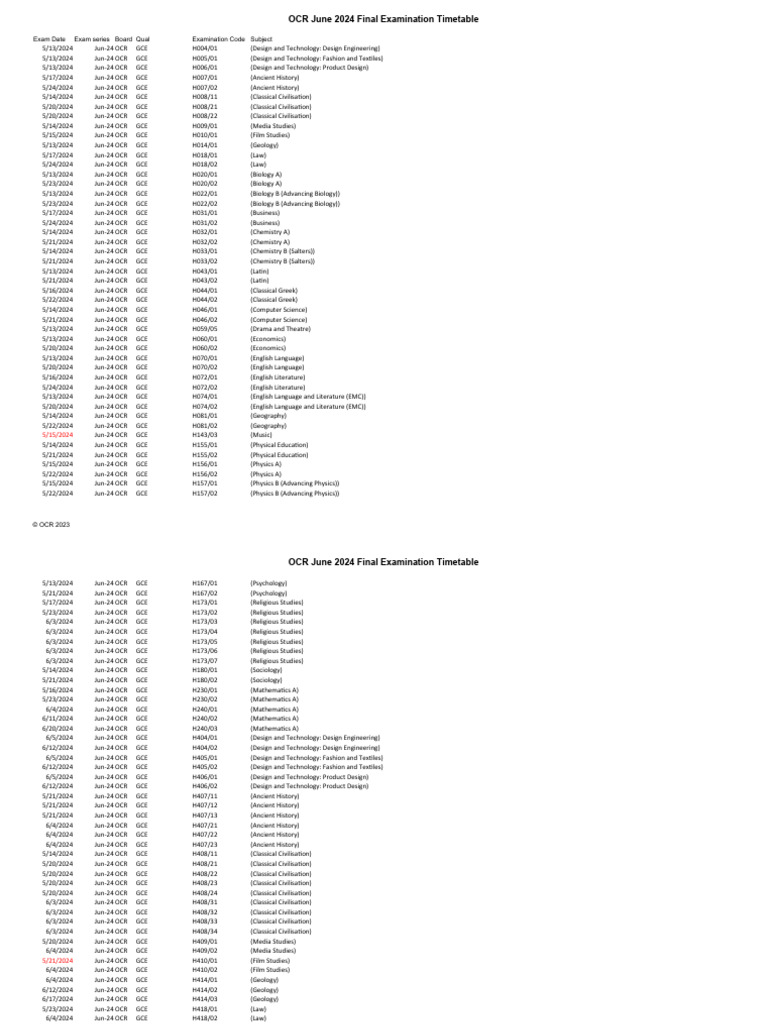 June 2024 Final Exam Timetable As A Level Core Maths and FSMQ | PDF