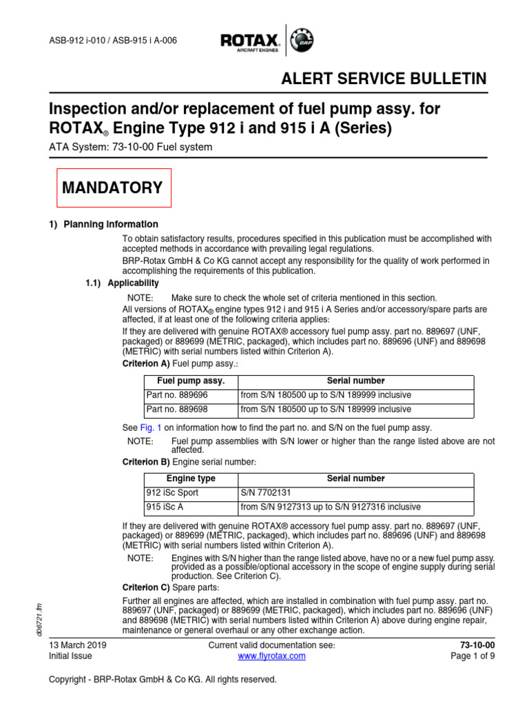 ASB-912 I-010 - ASB-915 I A-006 - Inspection And-Or Replacement of Fuel ...