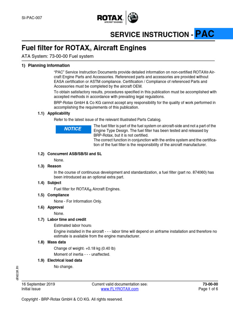 SI-PAC-007 - Fuel Filter For ROTAX Aircraft Engines | PDF