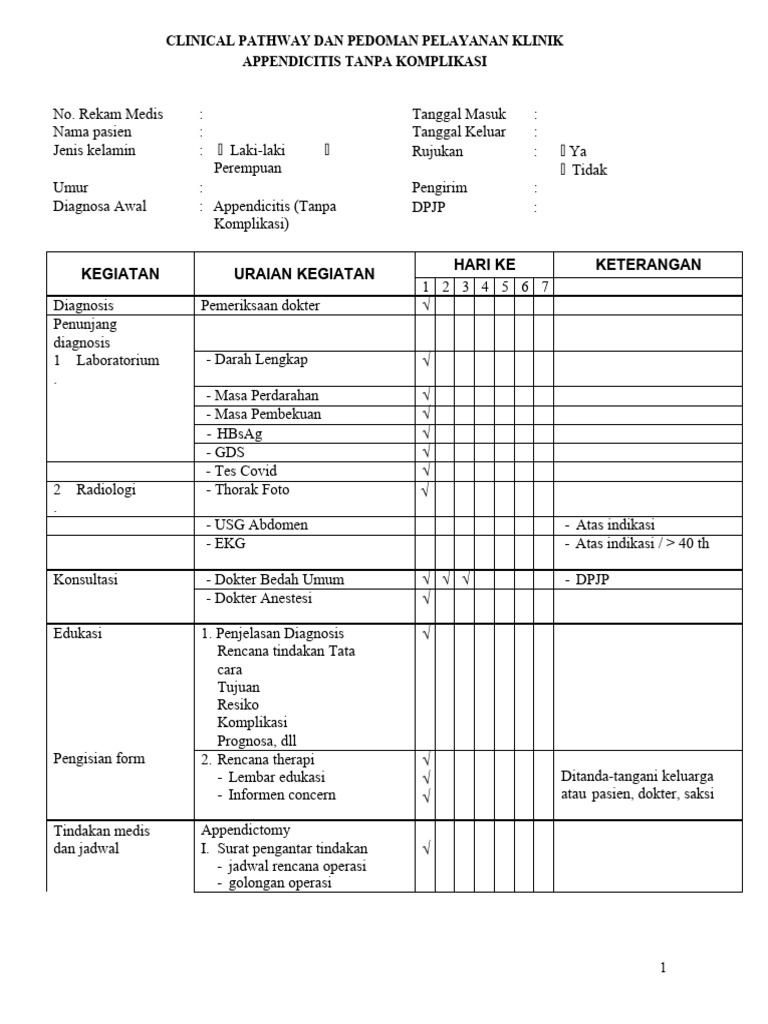 CLINICAL PATHWAY Appendicitis Akut Tanpa Komplikasi | PDF