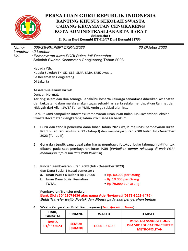 Pembayaran Iuran Pgri Juli-Desember 2023 | PDF
