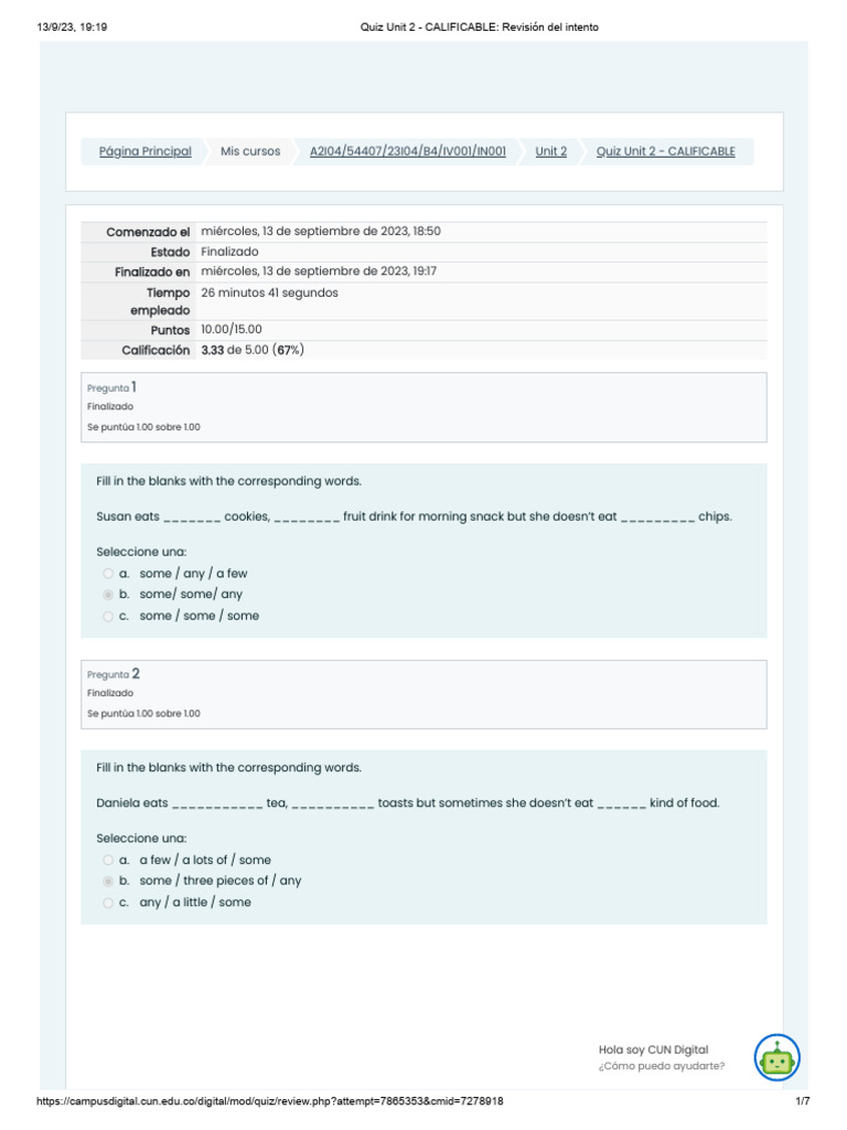 Quiz Unit 2 - CALIFICABLE - Revisión Del Intento | PDF | Lunch | Drink