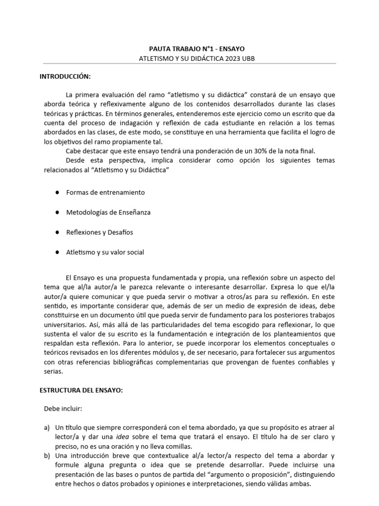 Pauta Trabajo Nâ°1 (Ensayo Atlã - Tismo y Su Didã - Ctica 2023) | PDF ...