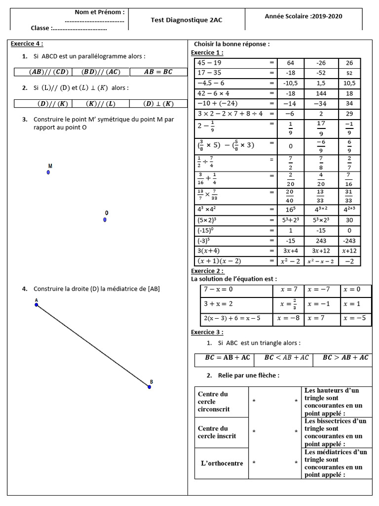 Test Diagnostique Math 2AC | PDF | Mathématiques élémentaires ...