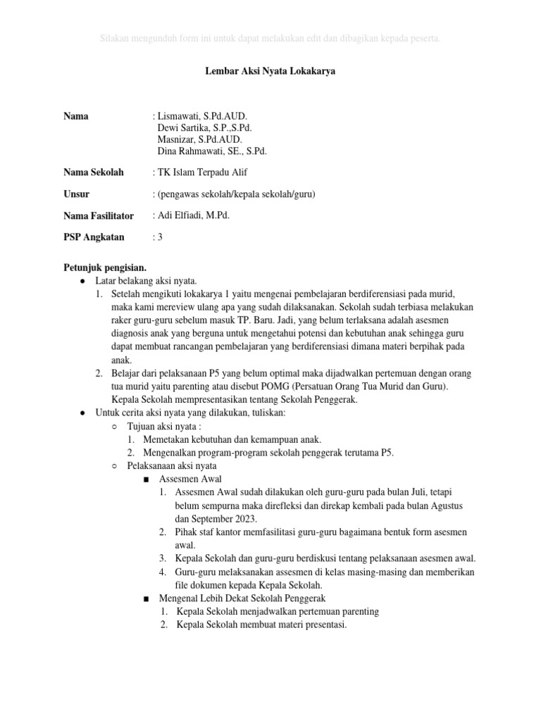 Lembar Aksi Nyata Refleksi Lokakarya | PDF