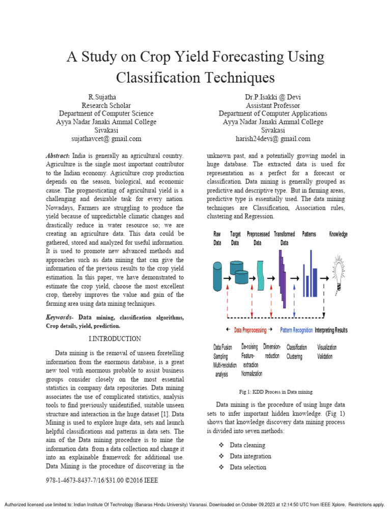A Study On Crop Yield Forecasting Using Classification Techniques | PDF