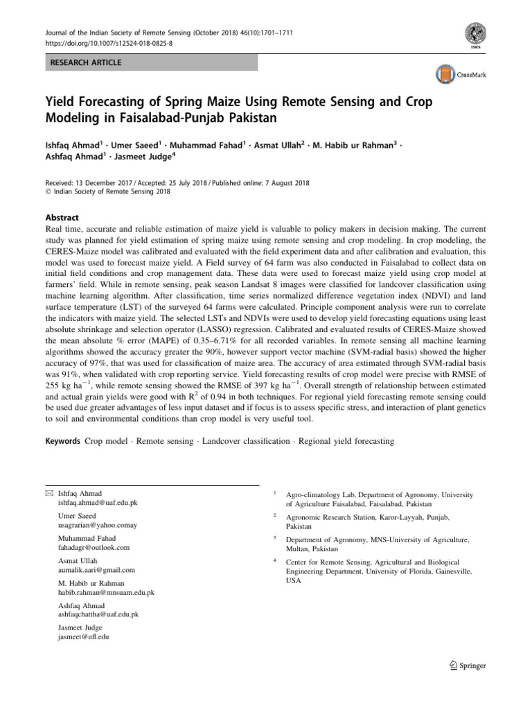 Yield Forecasting Of Spring Maize Using Remote Sensing And Crop Modeling In Faisalabad Punjab