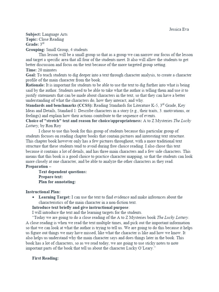 Close Reading Lesson Plan | PDF