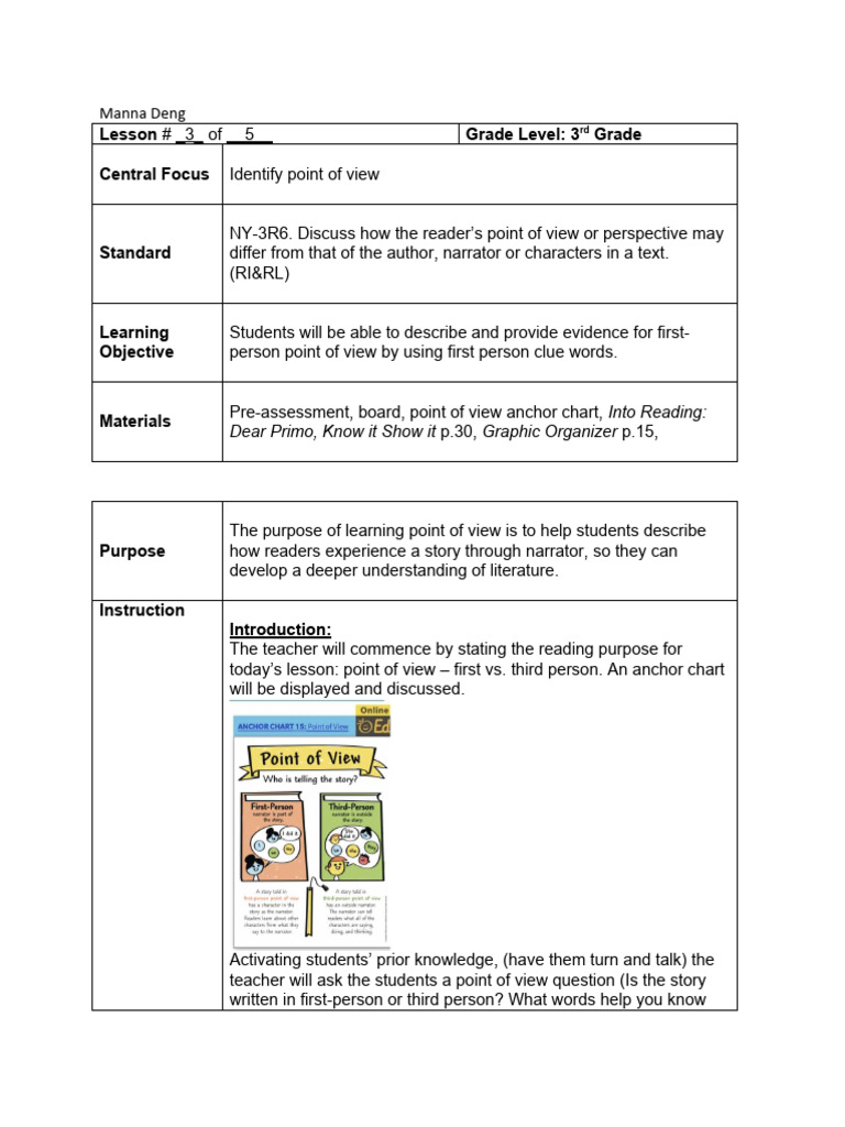 Manna Deng Point of View Lesson Plan - Pop Cycle 1 | PDF