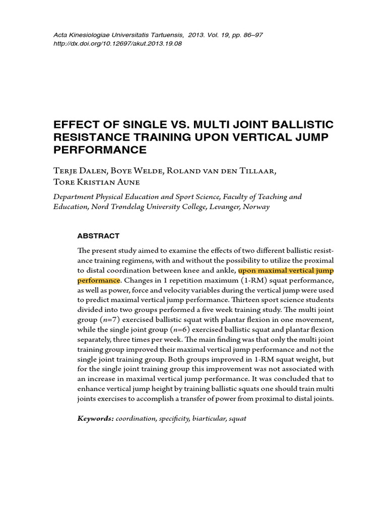 Single Vs Multi Joint Ballistic Resistance Training Upon Vertical Jump ...