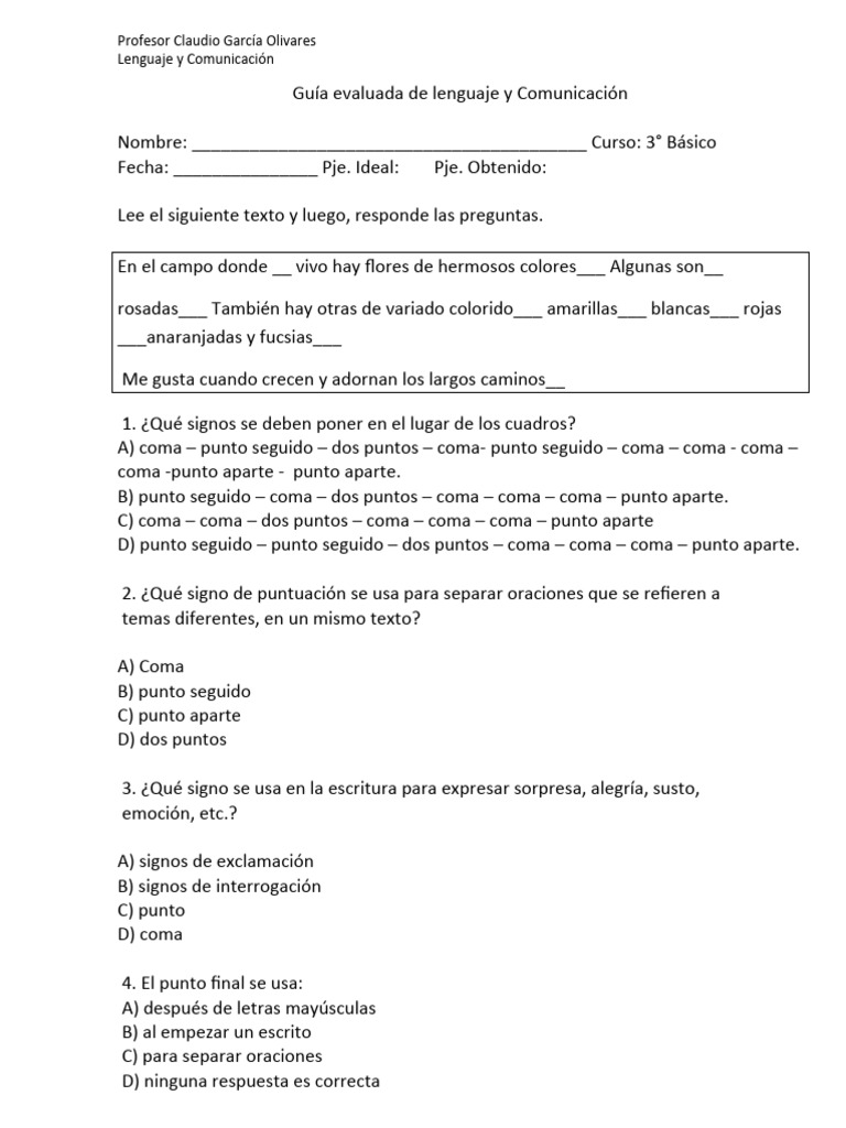 Guía de Lenguaje para 3° Básico | PDF | Coma | Puntuación