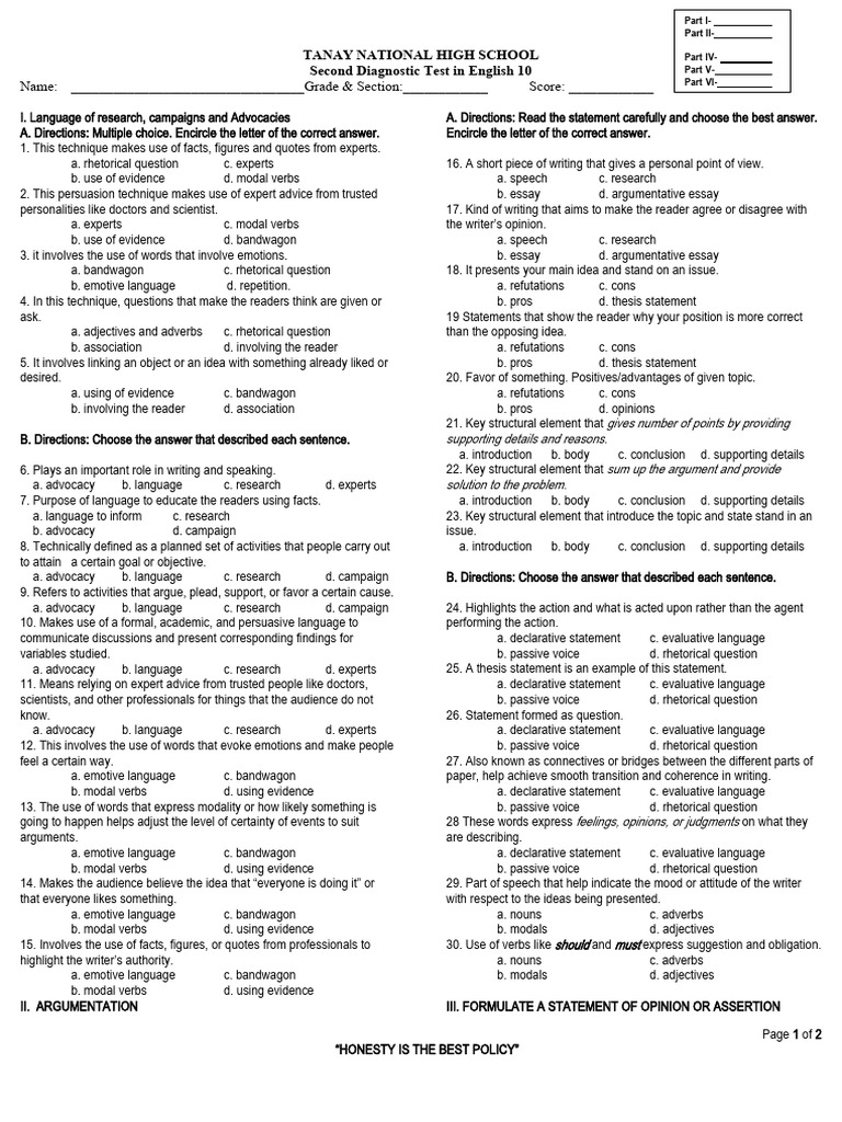 Eng10 Q2 Diagnostic Test | PDF | Verb | Adverb