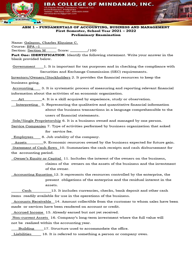 Preliminary Examination - Galapon, Charles Elquime C. BPA - 1 Section M | PDF