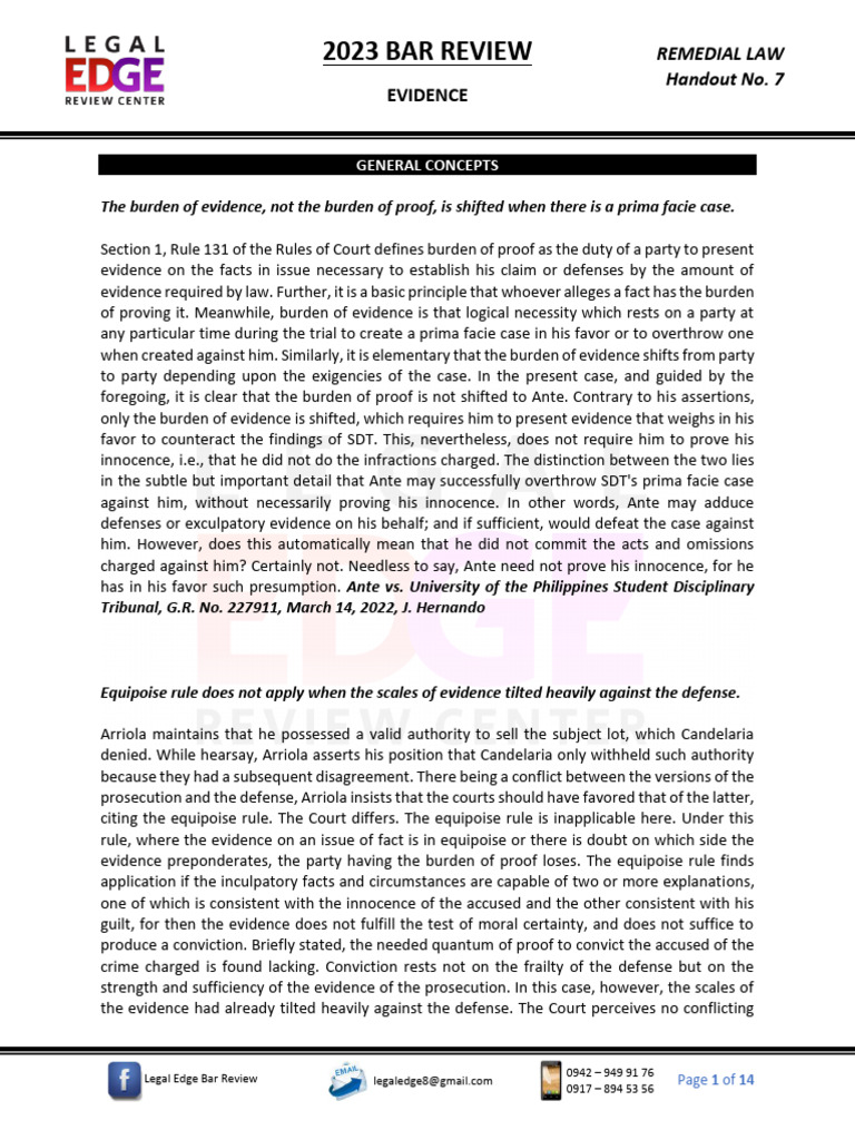 Remedial Law Evidence | PDF | Burden Of Proof (Law) | Evidence (Law)