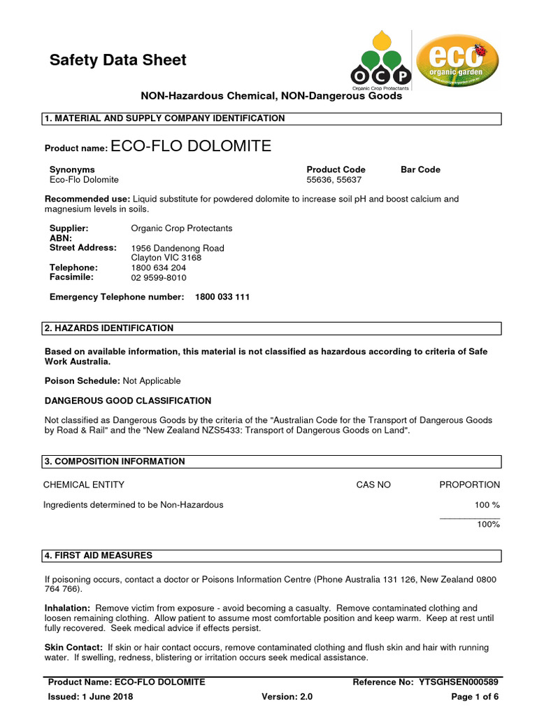 ECO-FLO DOLOMITE Safety Data Sheet | PDF