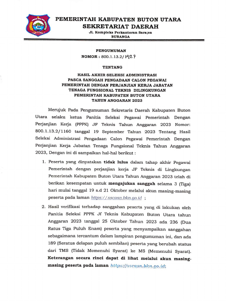 Hasil Akhir Seleksi Administrasi Pasca Sanggah Pengadaan Calon Pegawai Pemerintah Dengan ...