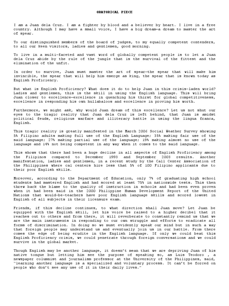 Oratorical Piece | PDF | English Language | Languages