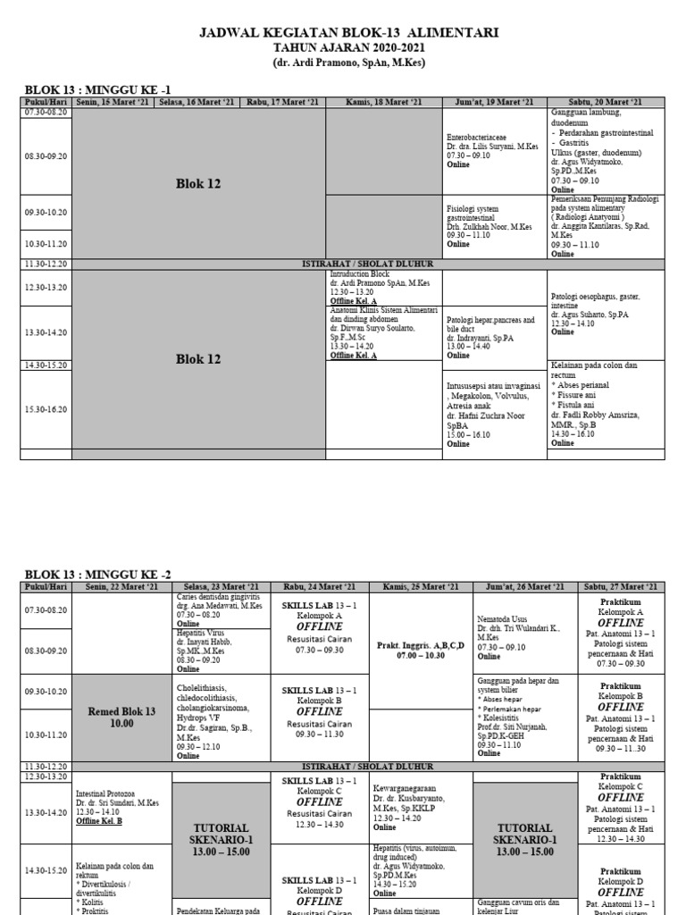 Jadwal Kegiatan Blok 13 - 2020-2021 | PDF