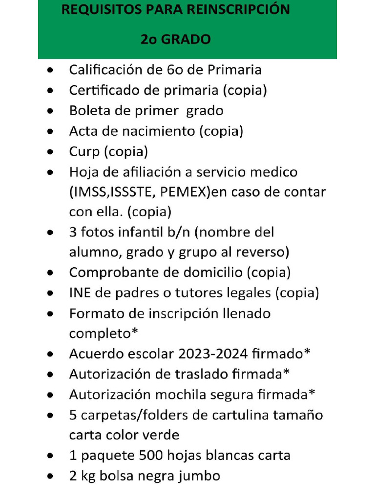 Requisitos de Reinscripcion 2° Grado Ciclo Escolar 2023-2024 | PDF