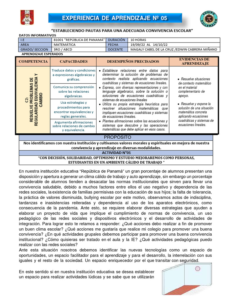 3º Eda 5 Actividad 1 y 2 - Ecuación Cuadrática y Sistemas de Ecuaciones | PDF | Ecuaciones ...