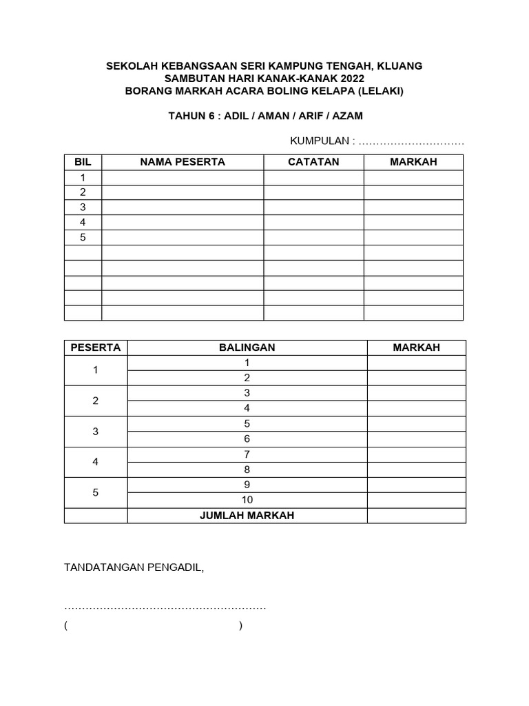 Borang Markah Acara Boling Kelapa | PDF