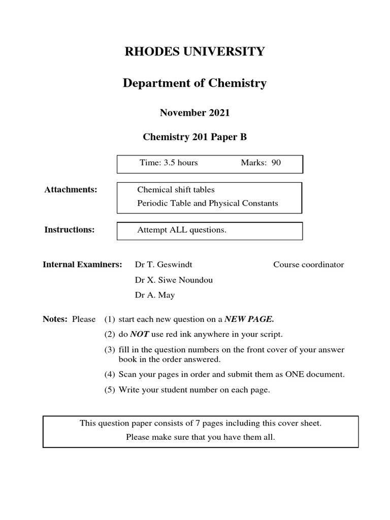 Chemistry 201 November 2021 Exam Paper | PDF | Proton Nuclear Magnetic ...