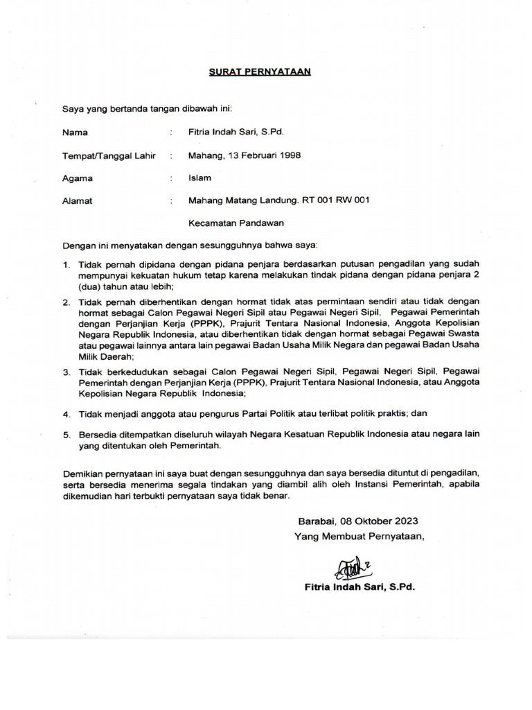 Surat Pernyataan Fitria Indah Sari | PDF