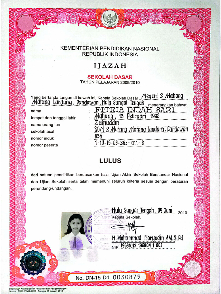 Ijazah SD Fitria Indah Sari | PDF