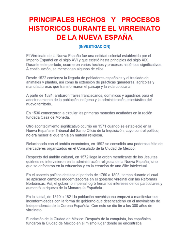 Principales Hechos y Procesos Historicos Durante El Virreinato de La ...