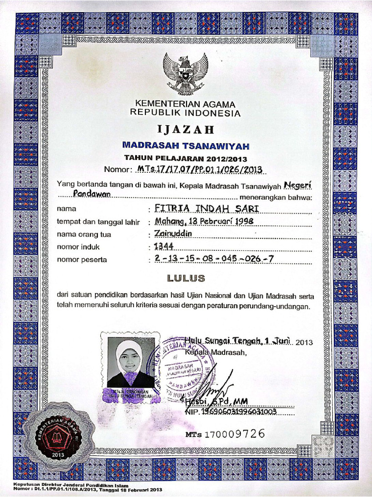 Ijazah MTs Fitria Indah Sari | PDF