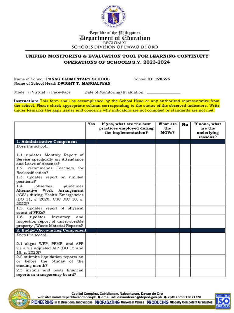 Unified Evaluation Tool for Schools 2023-2024 | PDF | Educational ...