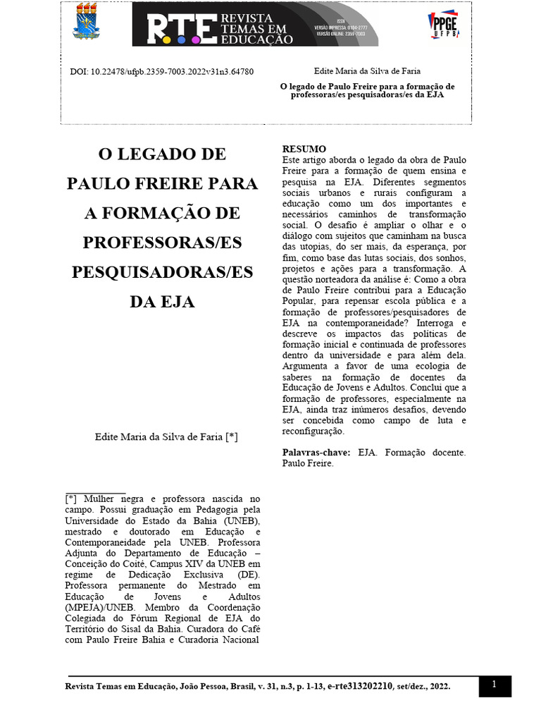 O Legado De Paulo Freire Para A Formacao De Professorases Pesquisadorases Da Eja 1 1 Pdf