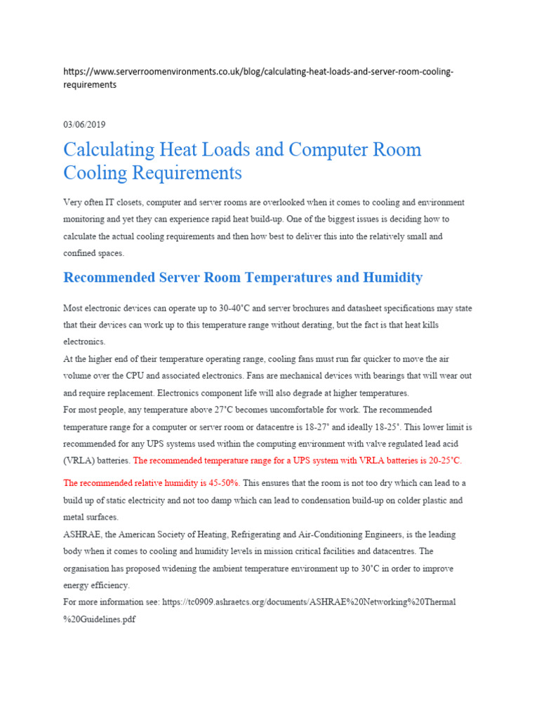 Server Room Cooling Load Calculation Guide | PDF