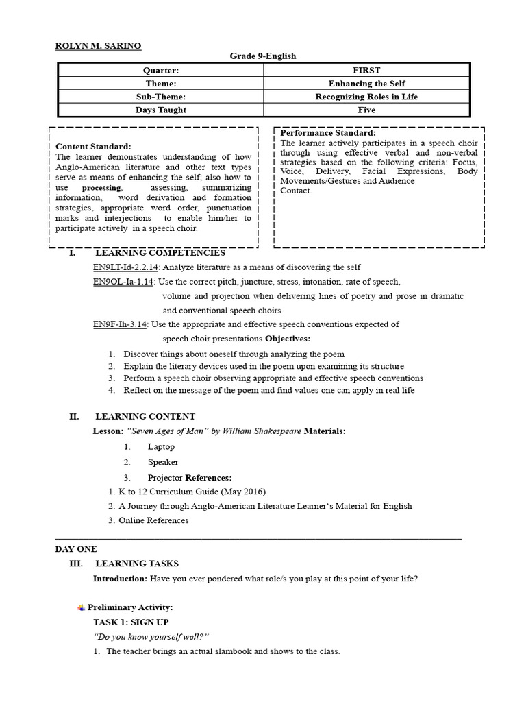 G9 English Lesson Exemplar 1st Quarter | PDF | Stress (Linguistics ...