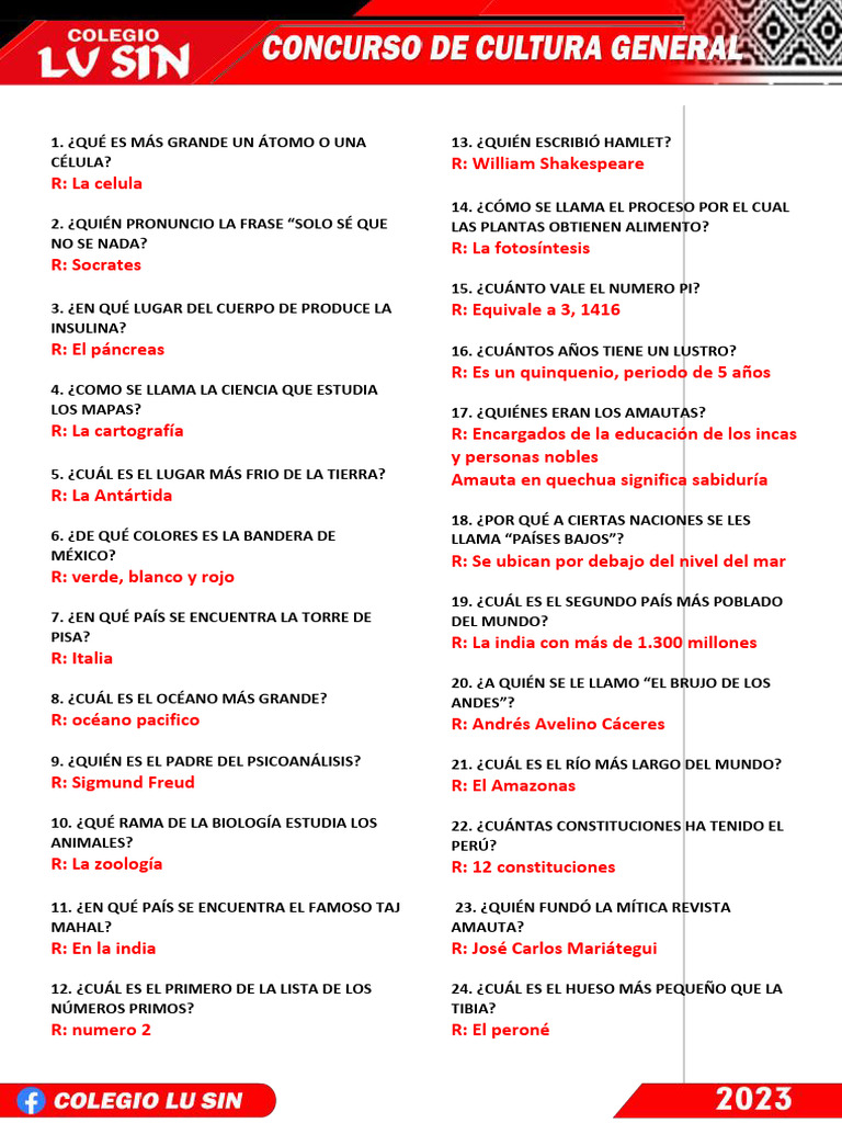 Preguntas de Cultura General 11 | PDF | Perú